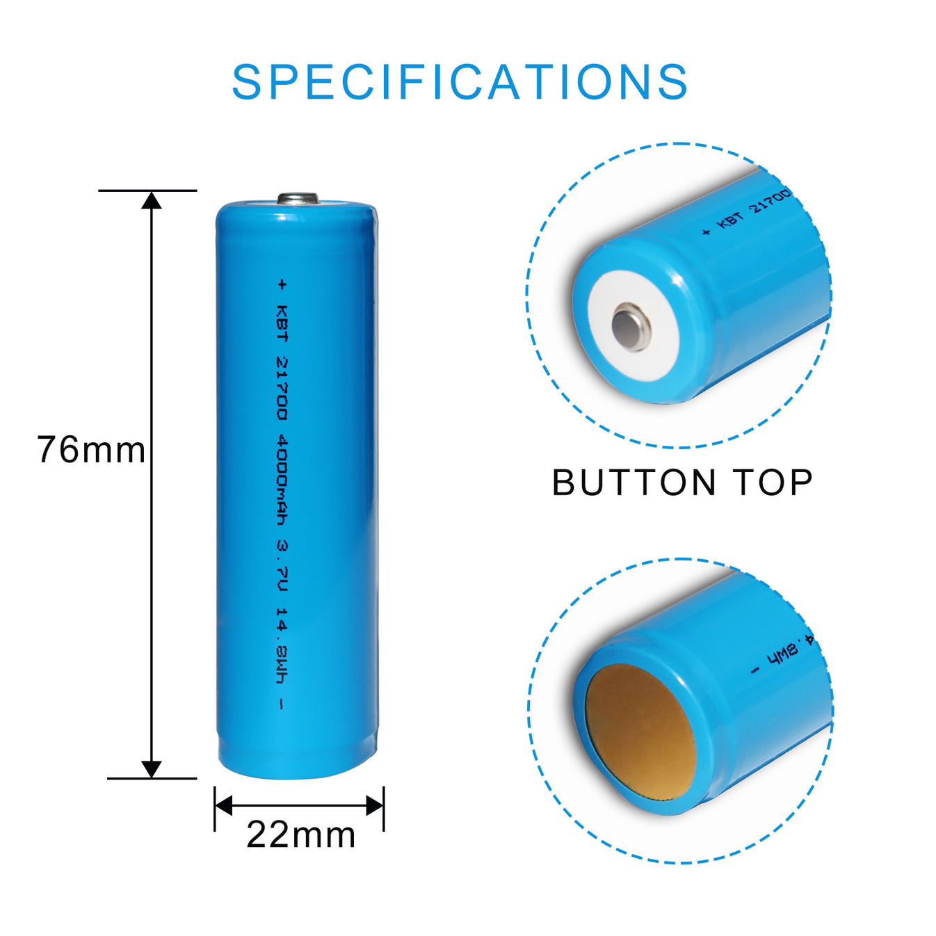 KBT Protected 21700 Rechargeable Battery, 3.7V 4000mAh, Button Top, wi ...